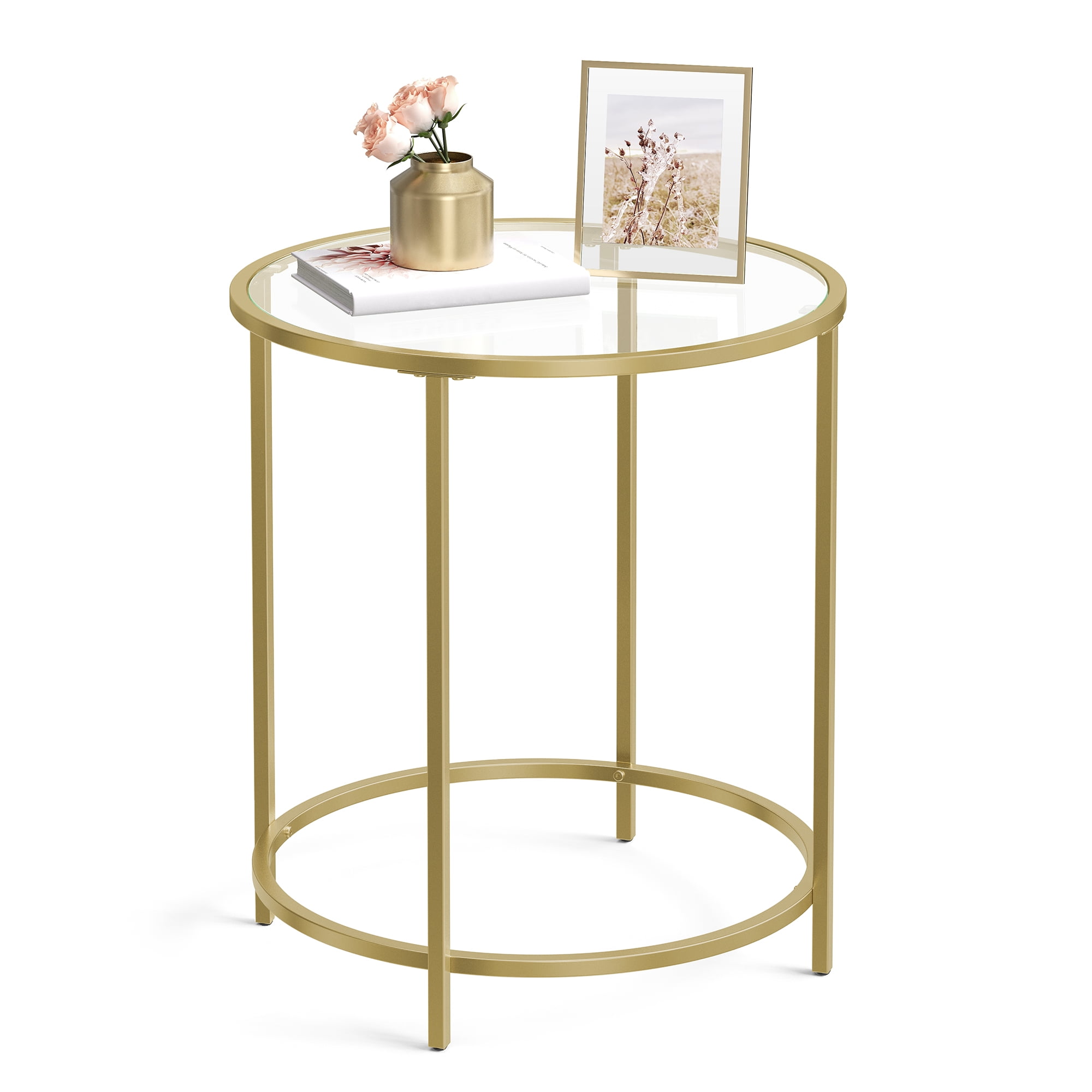 VASAGLE Round Side Table, Glass End Table with Steel Frame, Small ...