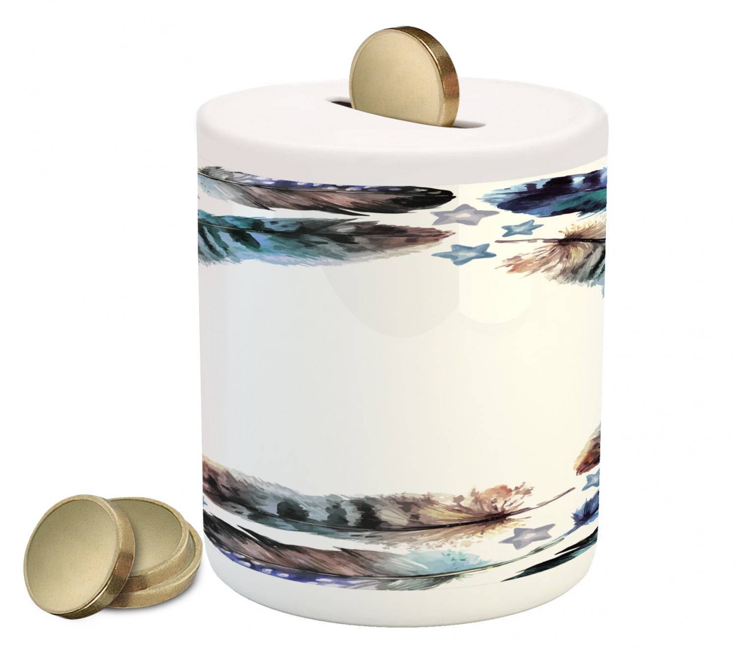 Ethnic Piggy Bank, Spiral Vortex Concentric Form Design Feather with ...