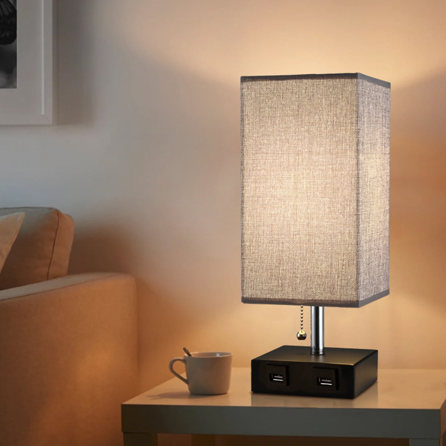 Canddidliike Grey Fabric Shade Utility Bedside Table Lamps with 2 USB ...