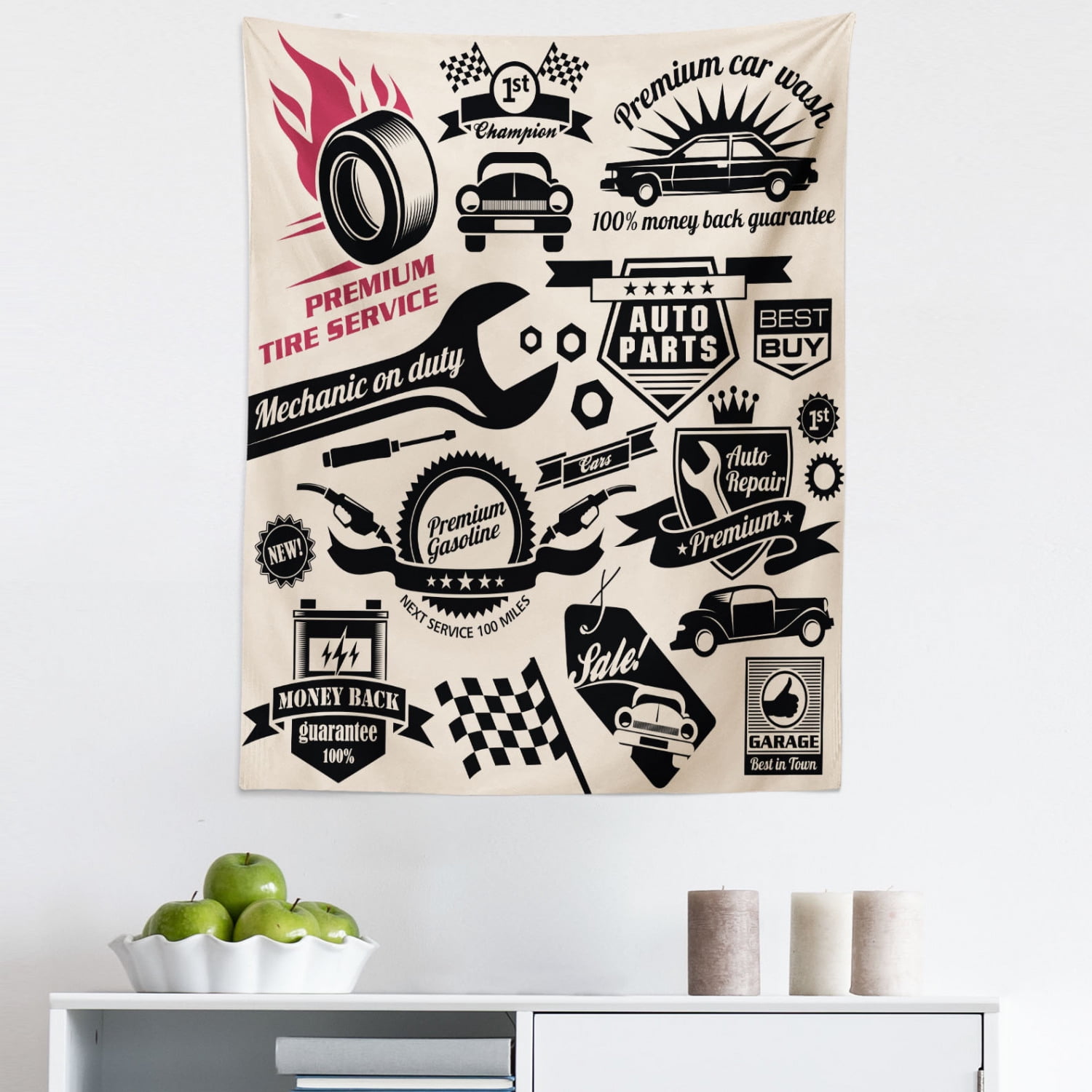 Retro Tapestry, Car Repair Shop Logos Monochrome Car Silhouettes Best ...