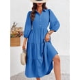Blue Shirt Dress With Collar, Button Front, 3/4 Puffed Sleeves And ...