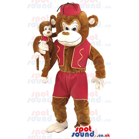 Brown monkey SPOTSOUND Mascot with a purple cap with the baby monkey - Animal mascots-Mascots ...