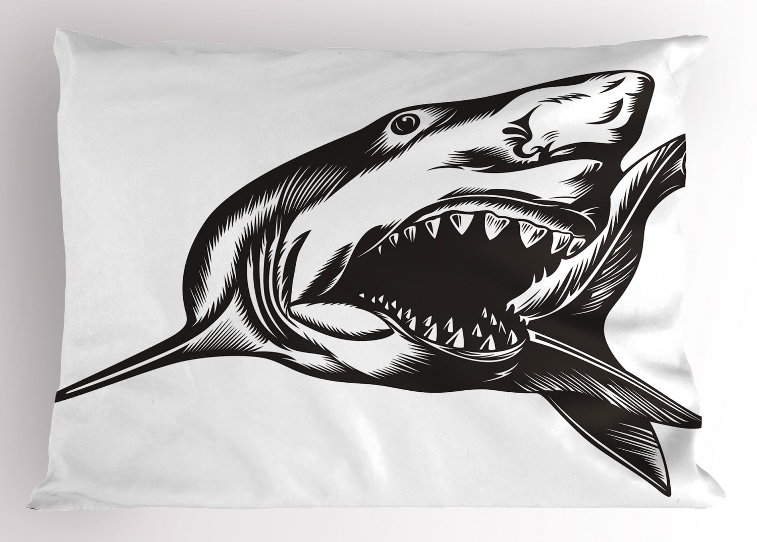 Shark Pillow Sham Digital Sketch of Wild Fish with Open Mouth Power ...