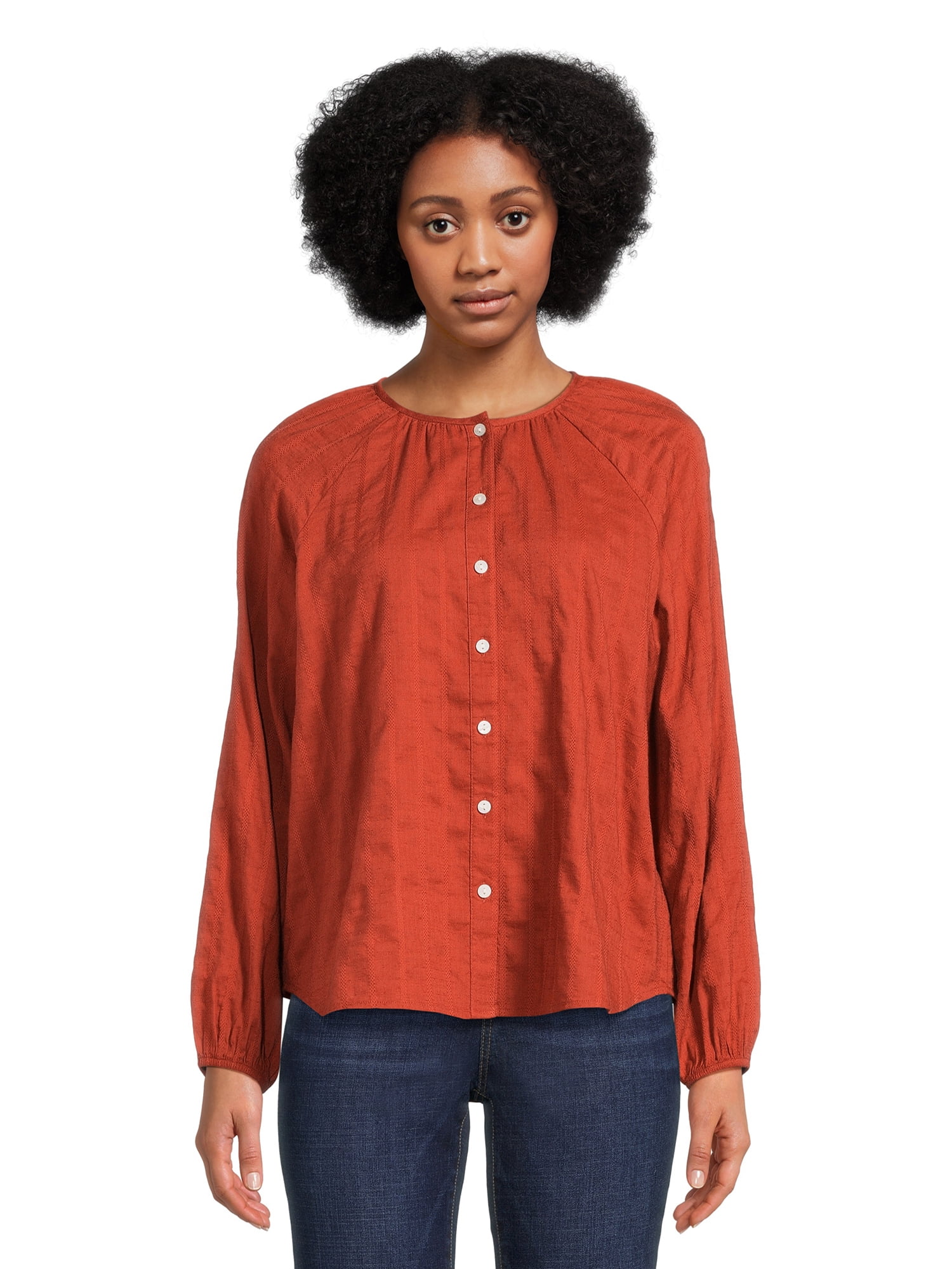 Time and Tru Women's Button Front Blouse with Long Sleeves, Sizes XS ...
