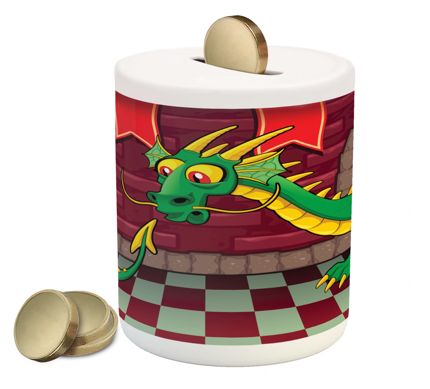 Cartoon Piggy Bank, Video Game Design Inside the Castle with Dragon ...
