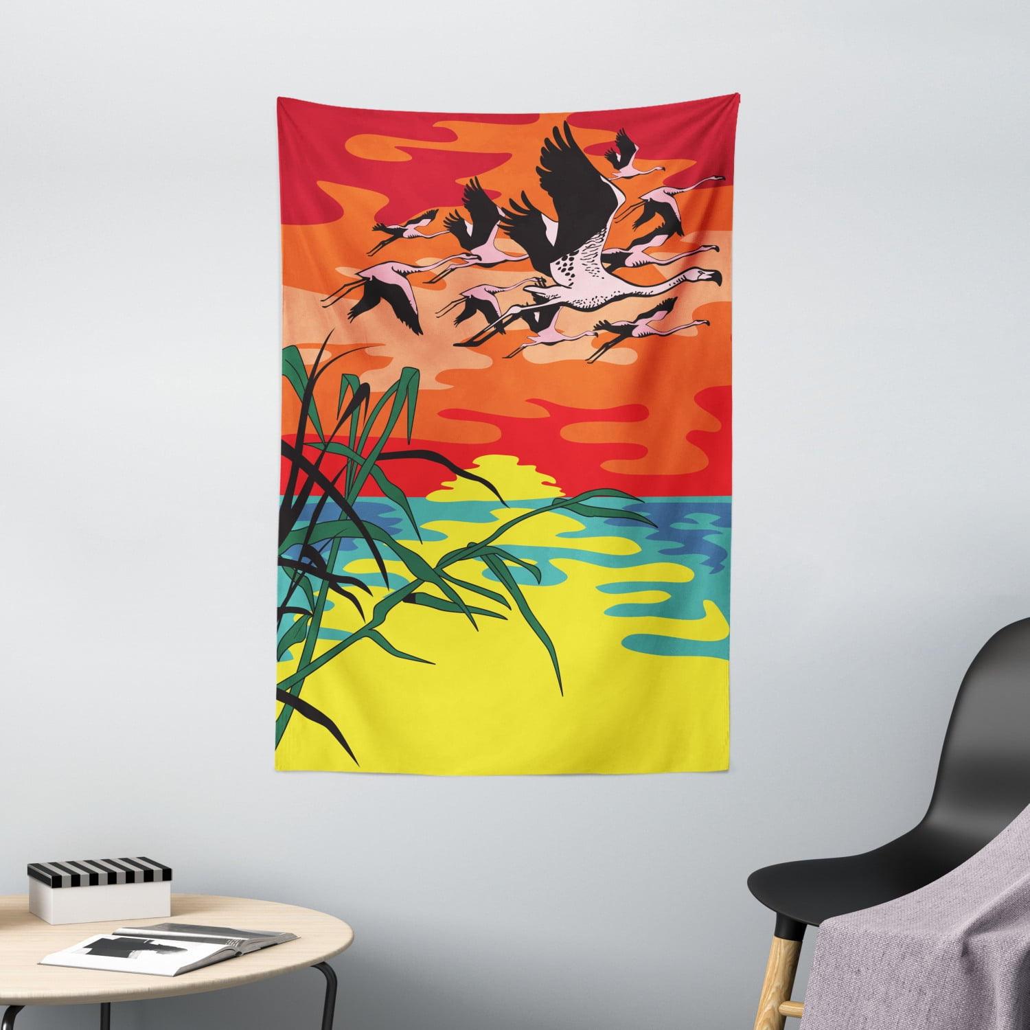 Flamingo Tapestry, Flamingos Flying in the Air with Horizon Landscape ...