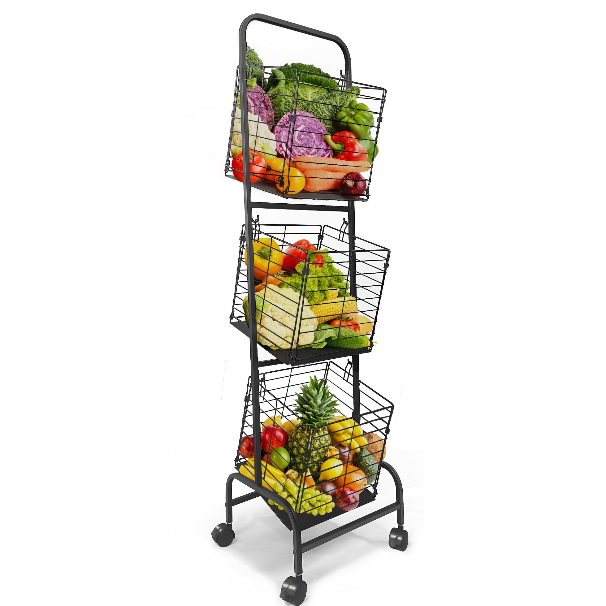 Home Shark Fruit Vegetable Storage Basket for Kitchen, Black 3 Tier ...