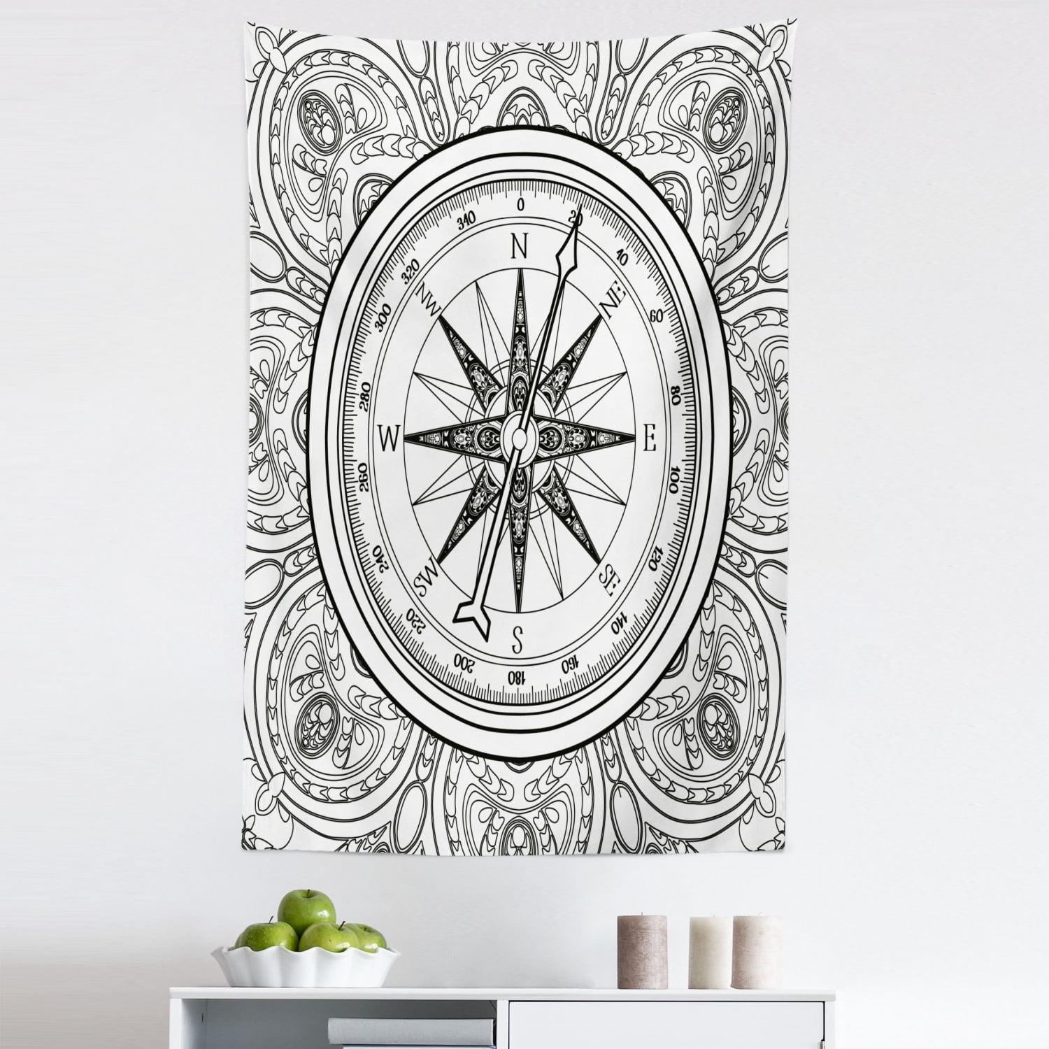 Compass Tapestry, Hand Drawn Windrose in Line Art Style Nautical ...