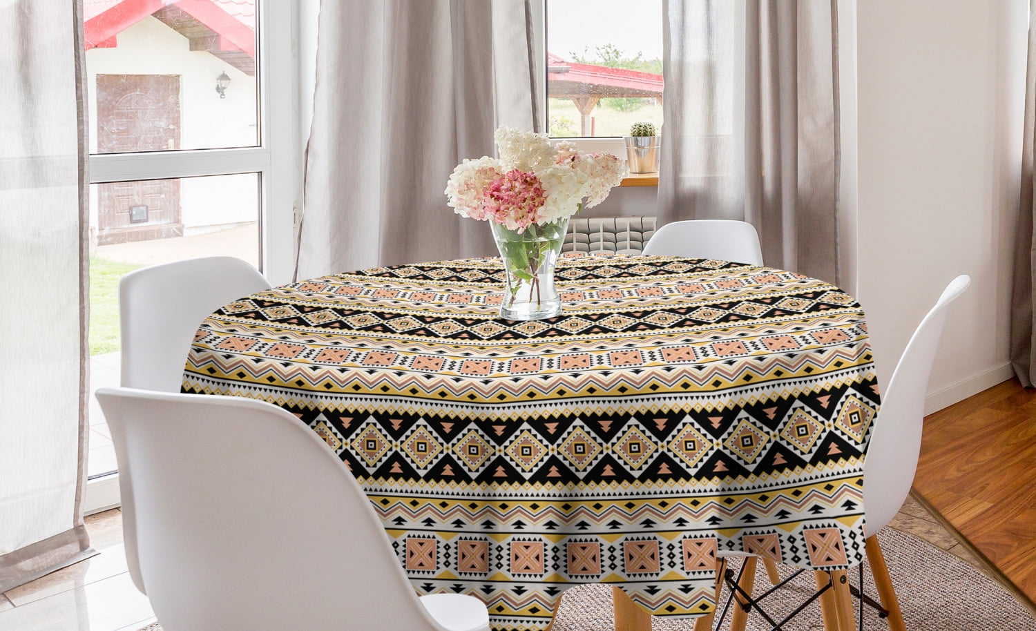 Aztec Round Tablecloth, Repeating Abstract Triangles Tribal Motifs ...