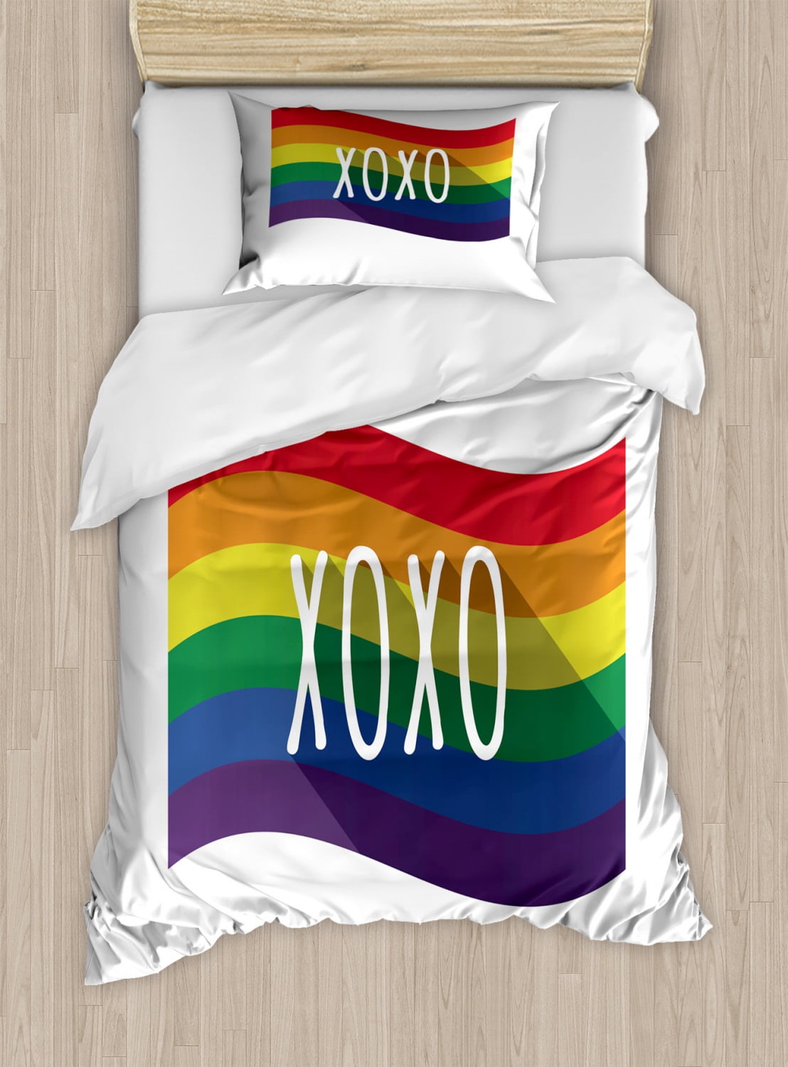 XOXO Duvet Cover Set Twin Size, Simplistic Waving Rainbow Flag with ...