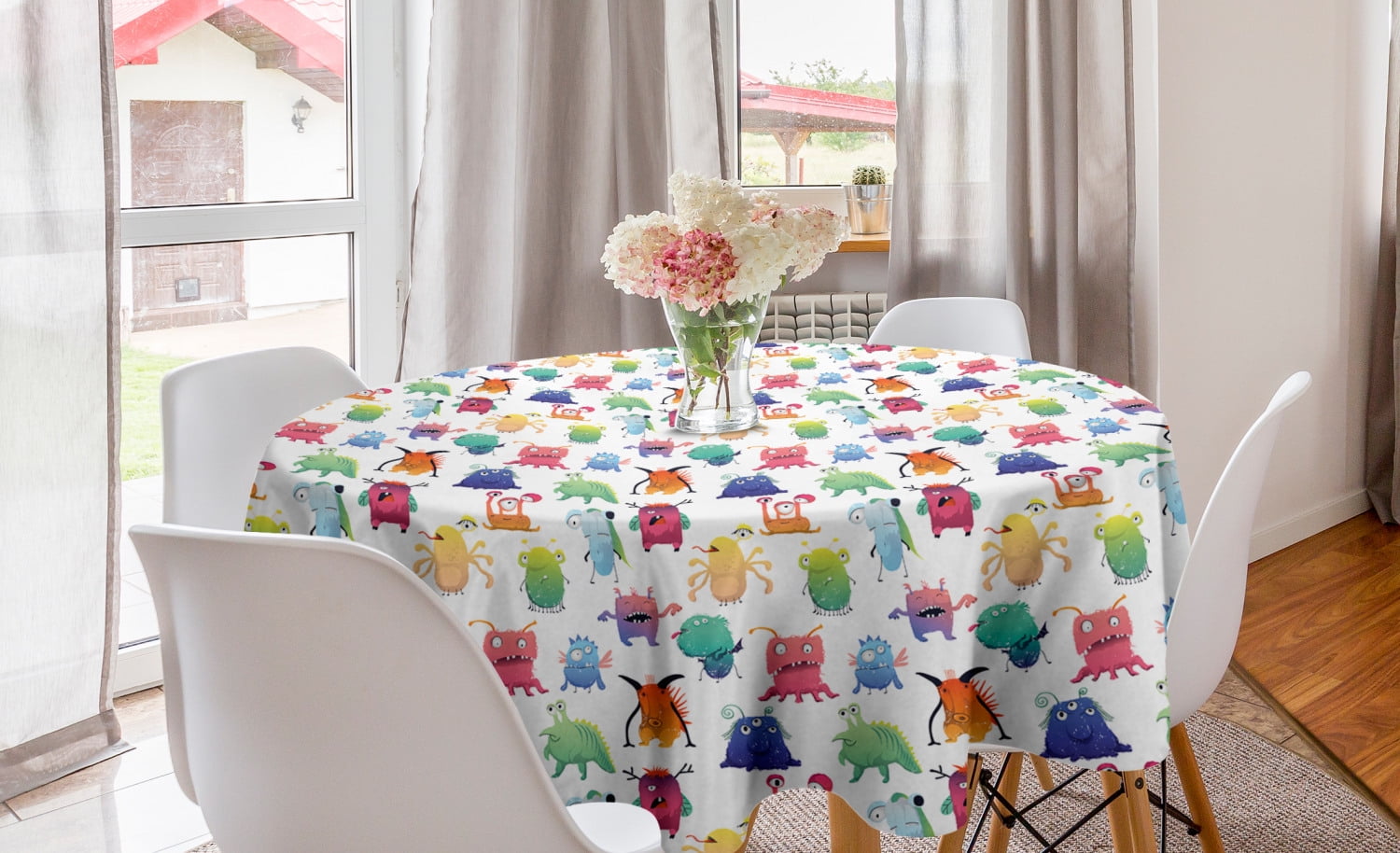 Childish Round Tablecloth, Colorful Cartoon Characters Different Kind ...