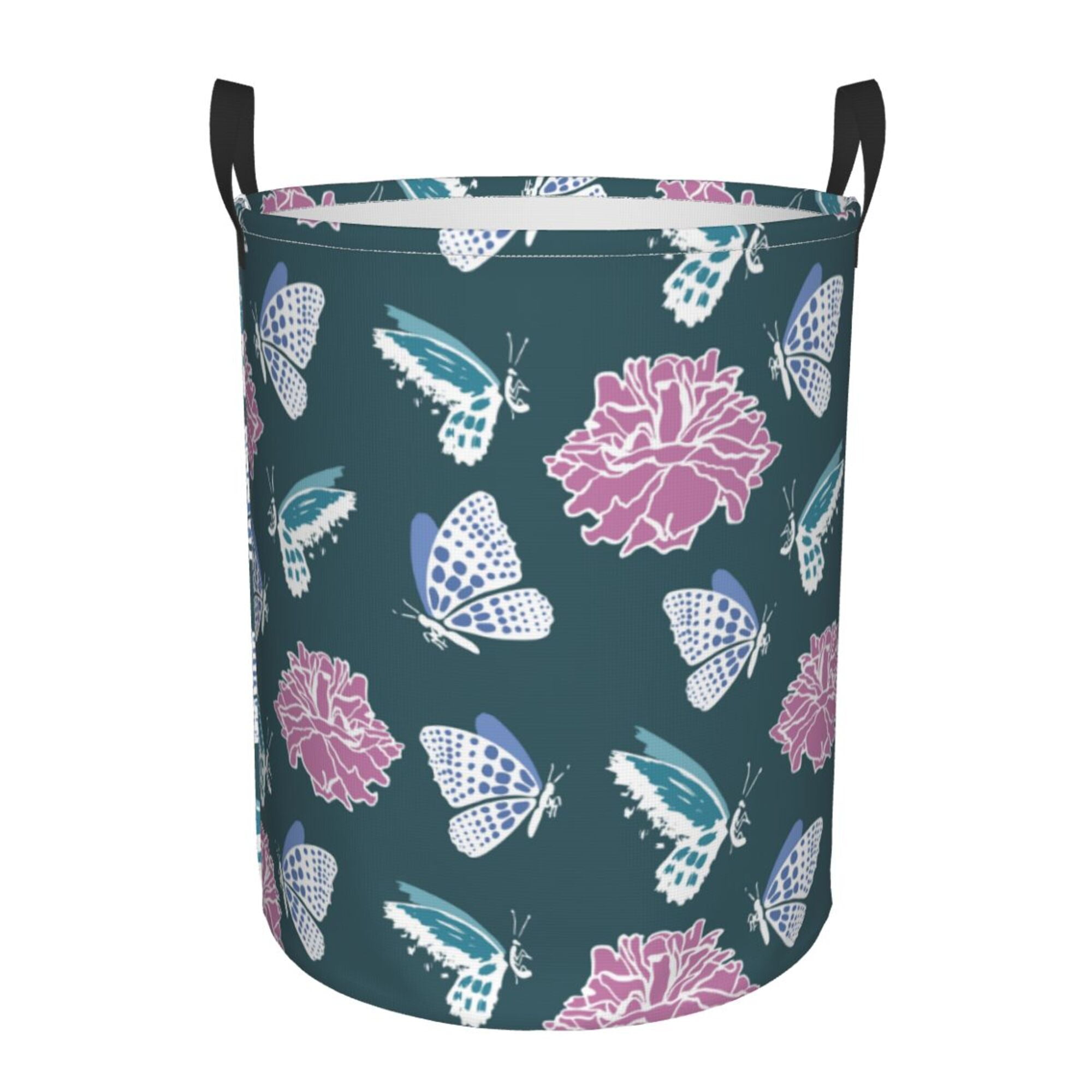 TEQUAN Waterproof Laundry Hampers, Blue Butterfly Flowers Pattern ...