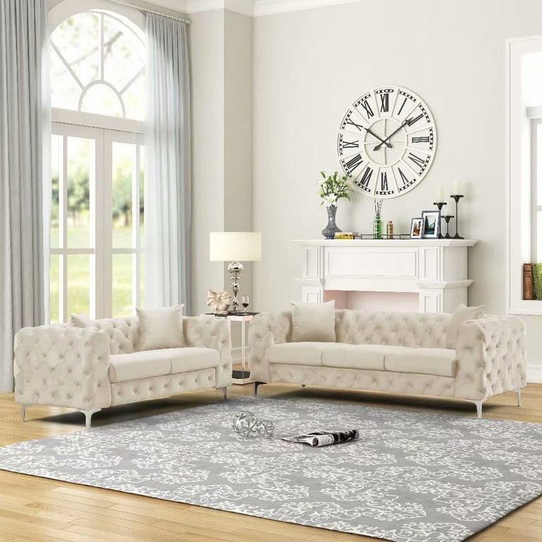 Morden Fort Modern Contemporary 2 Piece of Loveseat and Sofa Set with Deep Button Tufting Dutch Velvet Solid Wood Frame and Iron Legs Beige Size