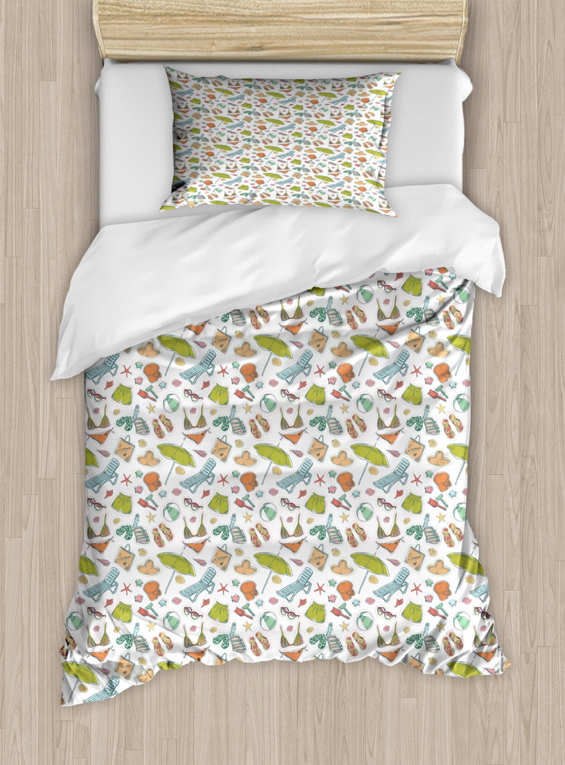 Flip Flop Twin Size Duvet Cover Set, Hand Drawn Retro Summer Beach ...