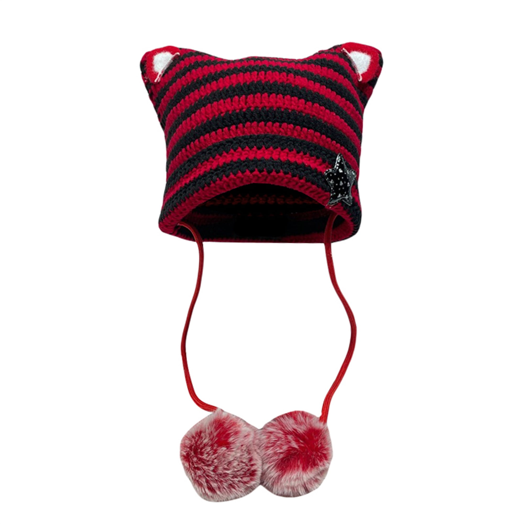 Multitrust Women Knitted Crochet Warm Hat, Cute Stars Decor Stripe Cat Ear Bobbles Devil Hat ...
