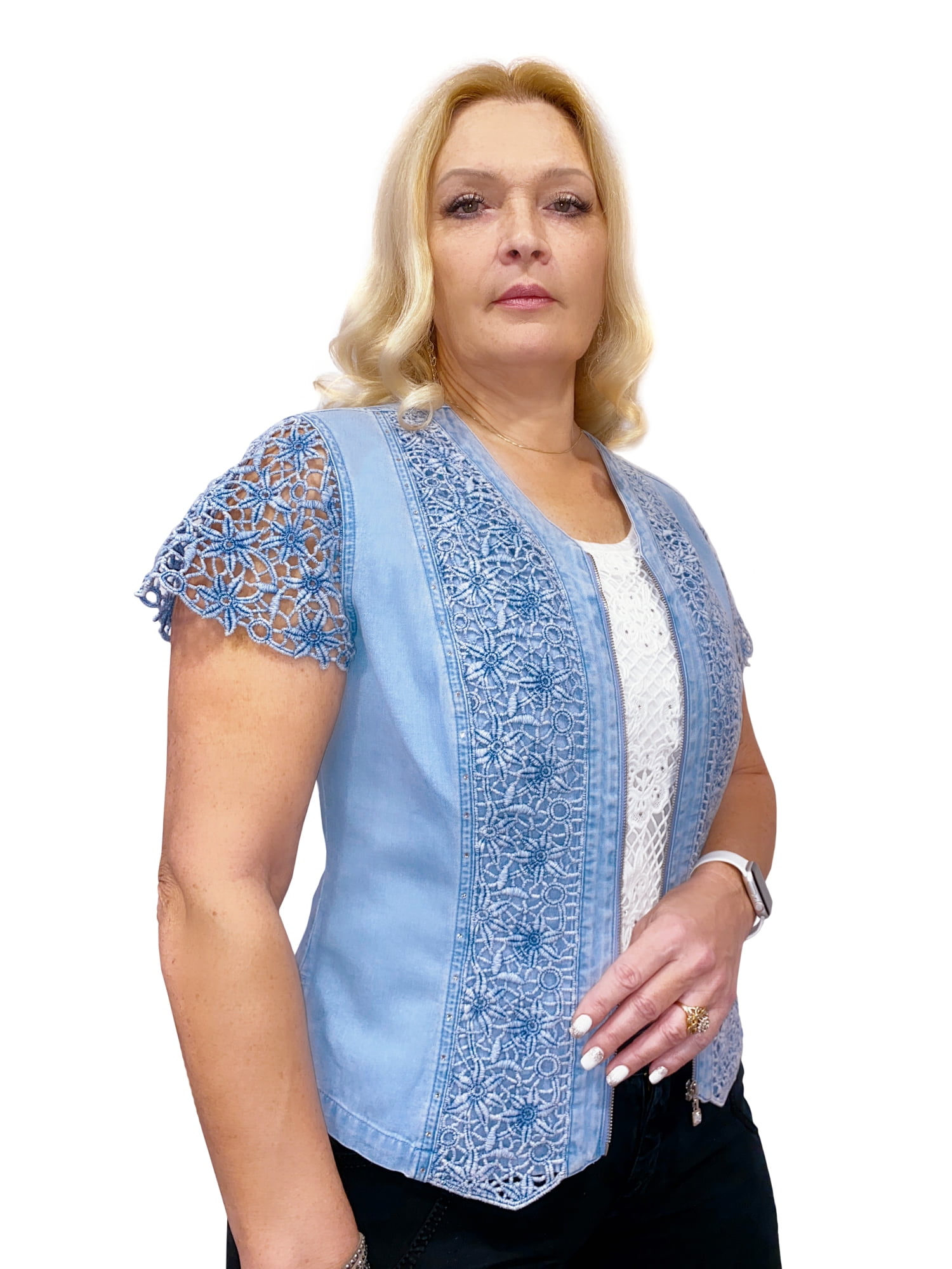 LAFEI NIER (JENSEL) Short Sleeve Zipped Denim jeans blouse - Walmart.com