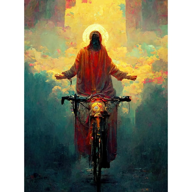 Jesus Christ On A Bike With A Bright Cloud Cross Unframed Wall Art ...