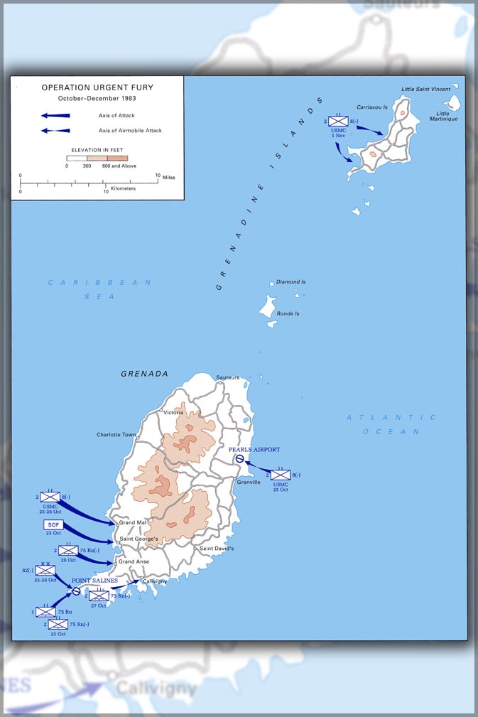 24"x36" Gallery Poster, Map of US invasion of Grenada operation urgent ...