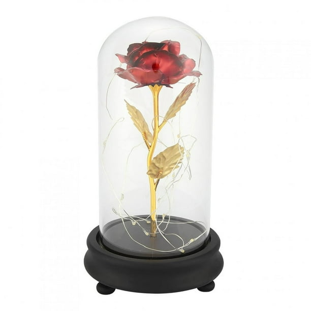24K Gold Plated Rose Flower LED Light with Glass Cover Base Valentines ...