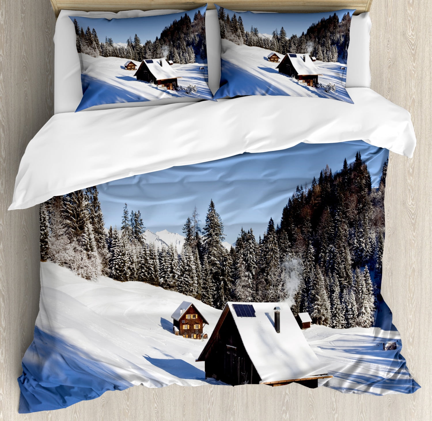 Winter Duvet Cover Set King Size, Log Cabins in the Mountains Sunny ...