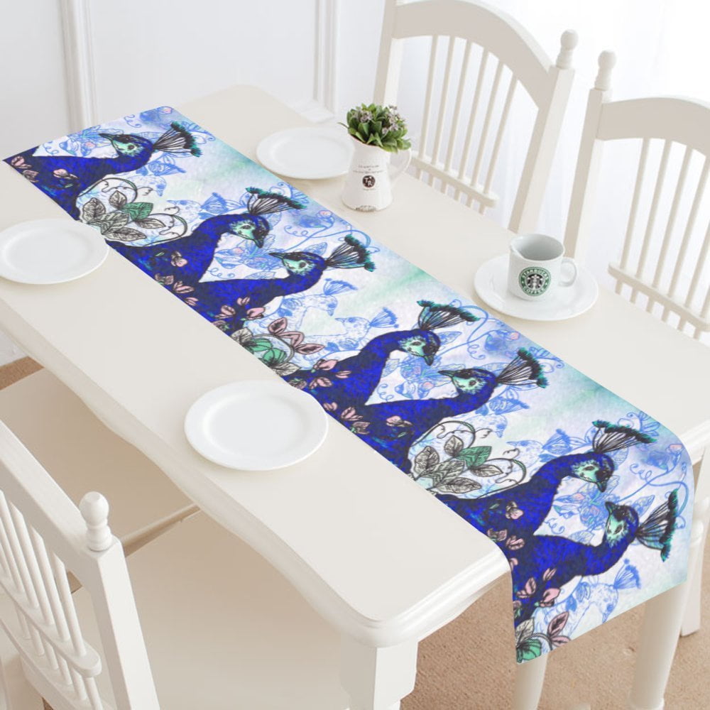 MYPOP Watercolor Peacock Floral Table Runner Home Decor 14x72 Inch ...