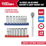 Hyper Tough 19 Piece 3/8 Inch Drive Ratchet and Socket Set Deep ...