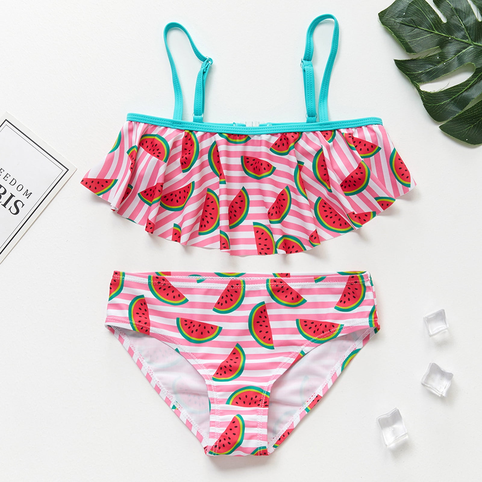 Mikilon Girls Split Bikini Swimsuit Striped Watermelon Print Ruffled ...