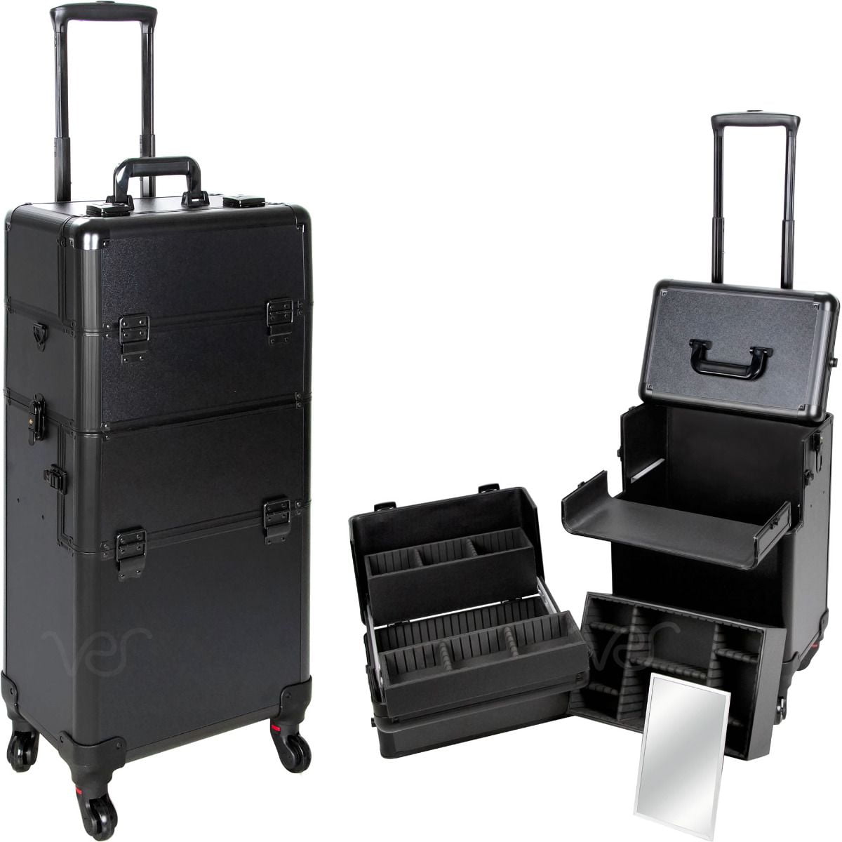 Black Smooth 4-Wheels Professional Rolling Aluminum Cosmetic Makeup ...