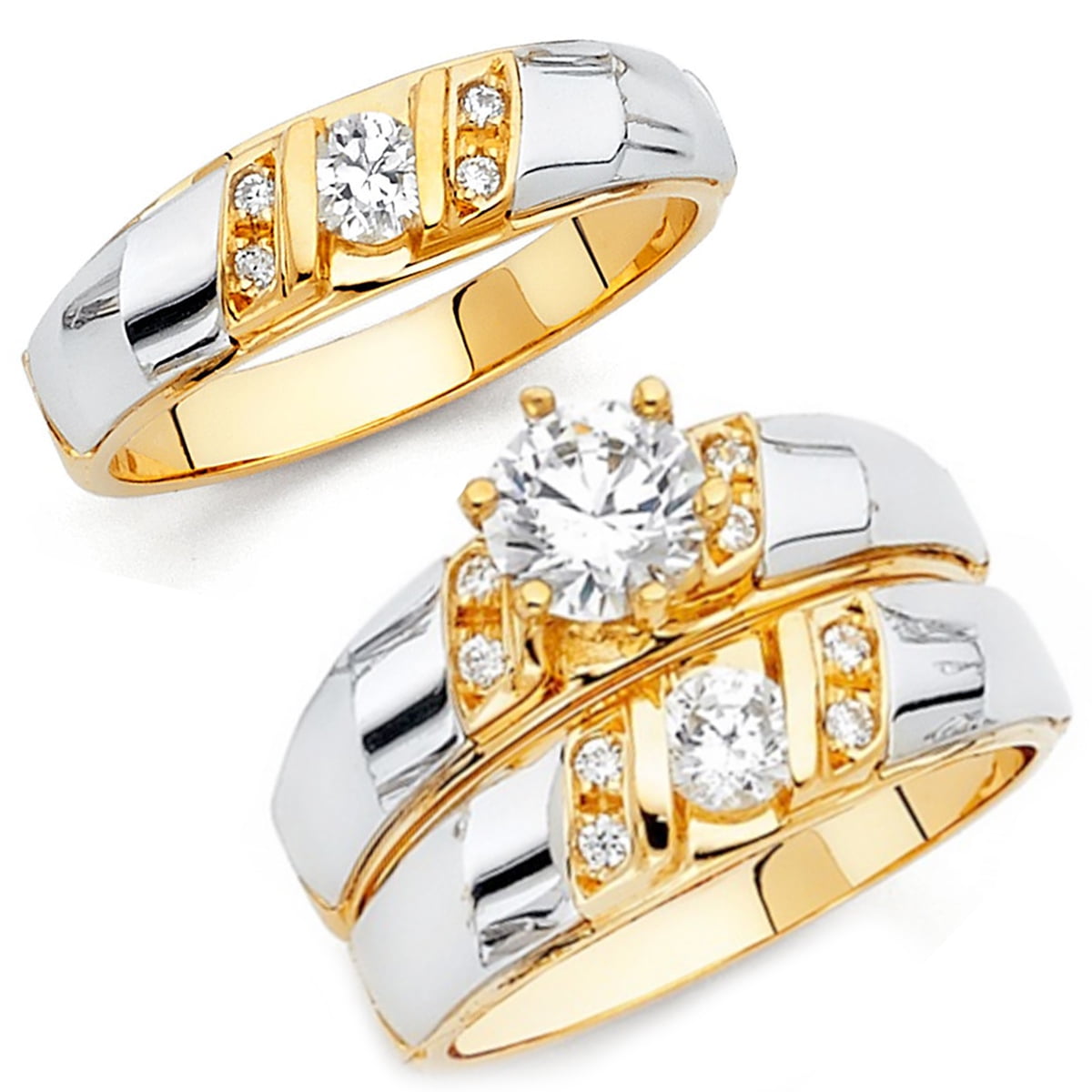 14k Two Tone Gold Round 2 ct CZ Matching Wedding Ring Trio Set His ...