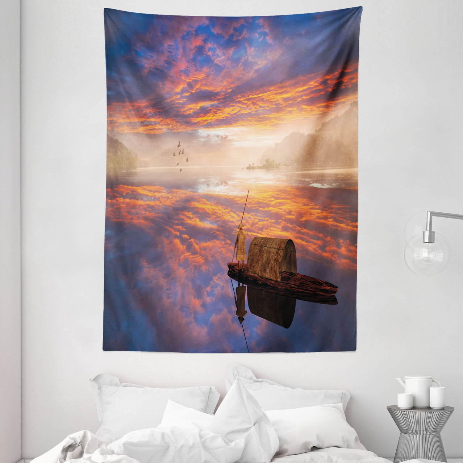 Fantastic Decor Tapestry, Imaginary World Man Shipping on His Boat ...