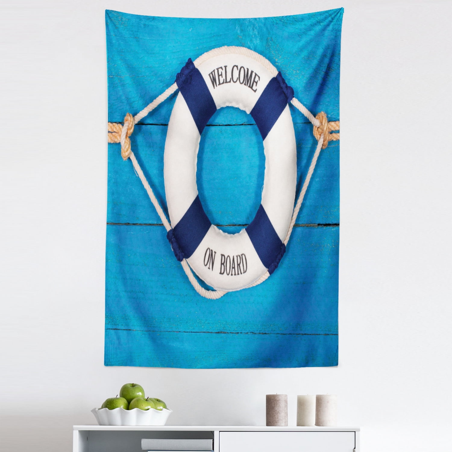 Nautical Tapestry, Welcome on Board Sign on Painted Timber Wall ...