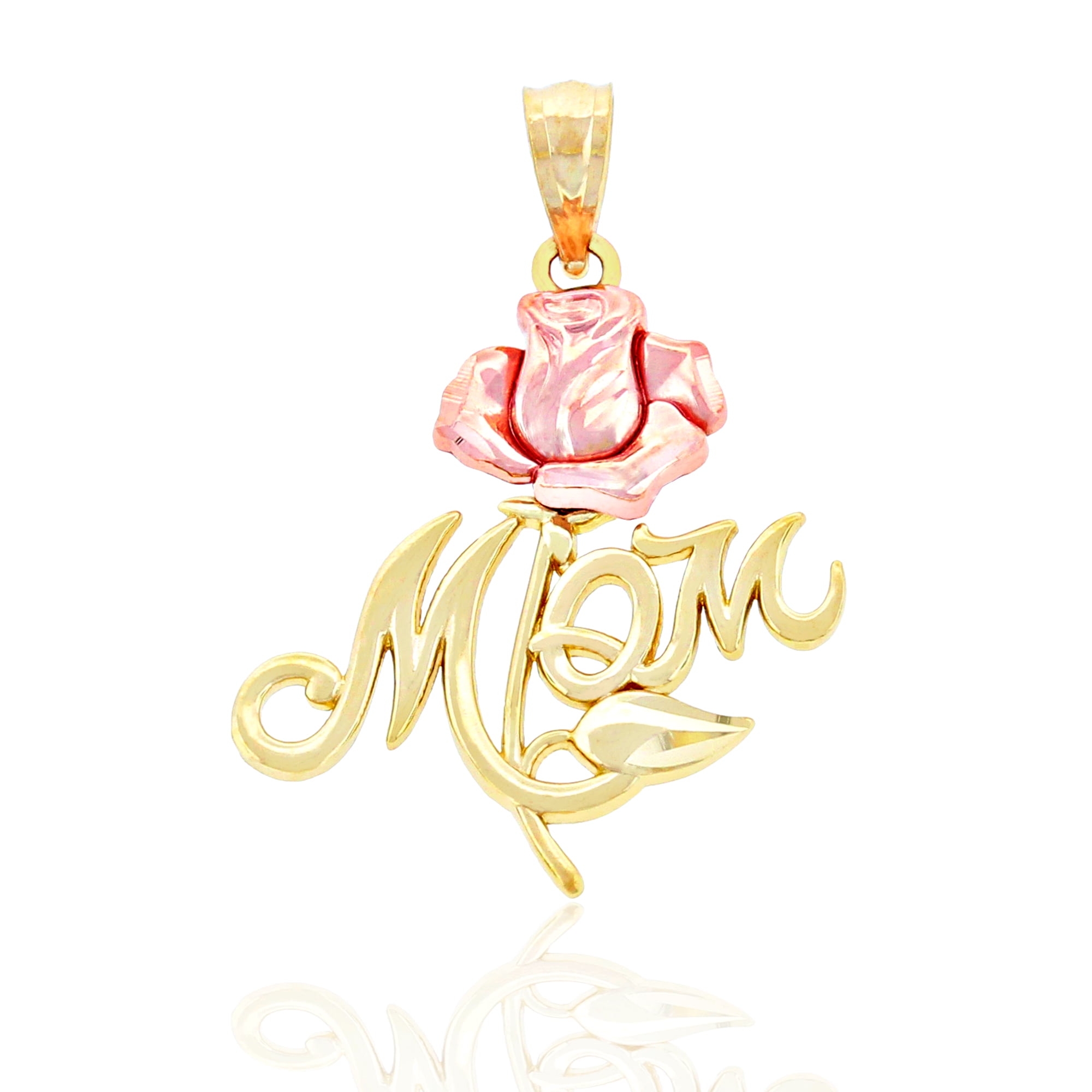 Gold "Mom" with Rose Charm, 10k Solid Gold, Mother's Day Gift, Gift For ...