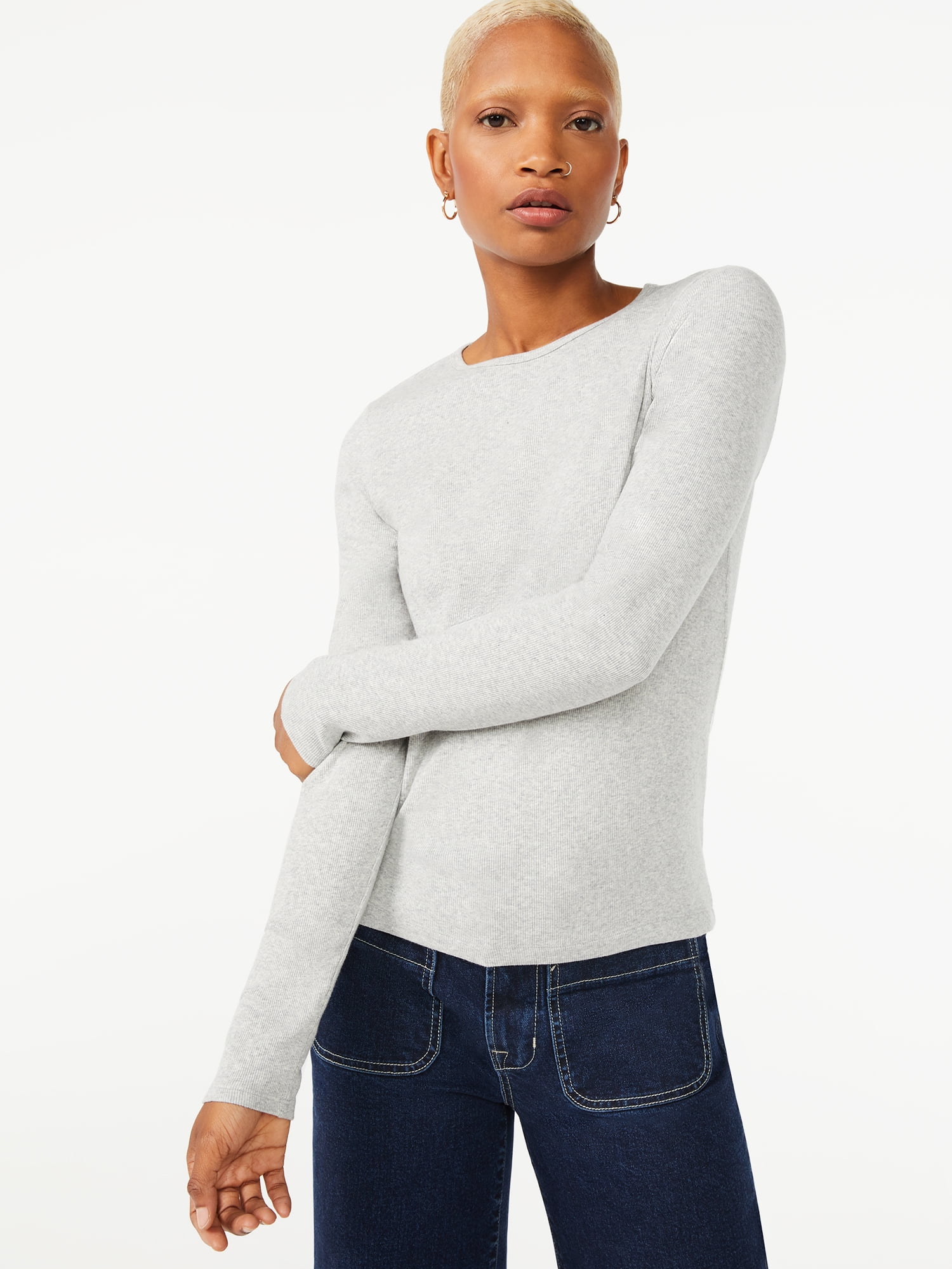 Free Assembly Women's Ribbed Crewneck Top with Long Sleeves - Walmart.com