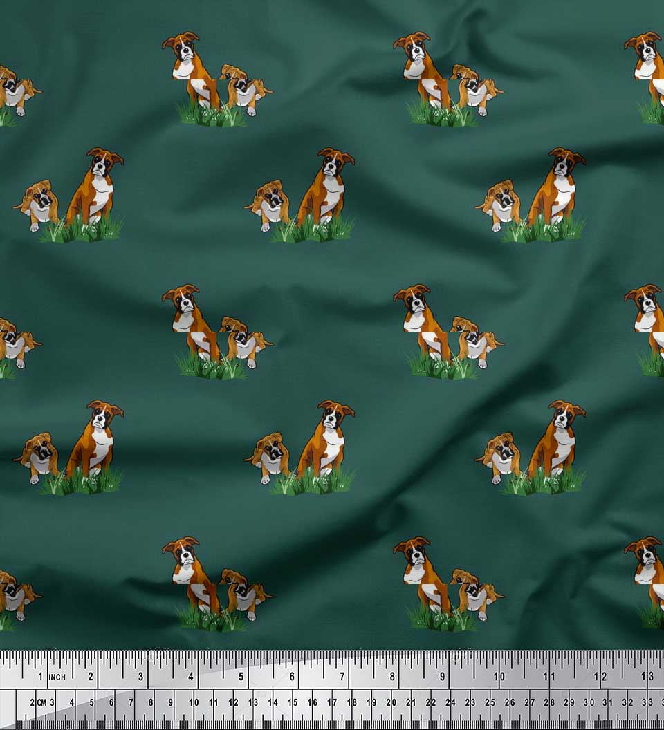 Soimoi Polyester Crepe Fabric Grass & Boxer Dog Print Sewing Fabric ...