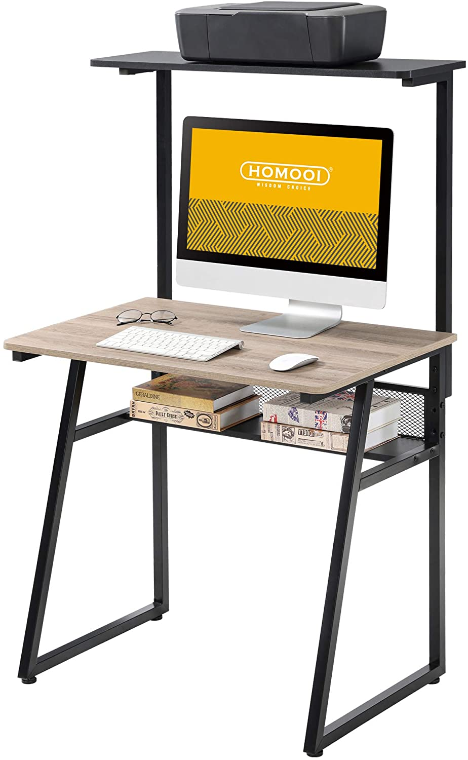 HOMOOI Height Adjustable Computer Desk with Printer Shelf and Bookshelf ...