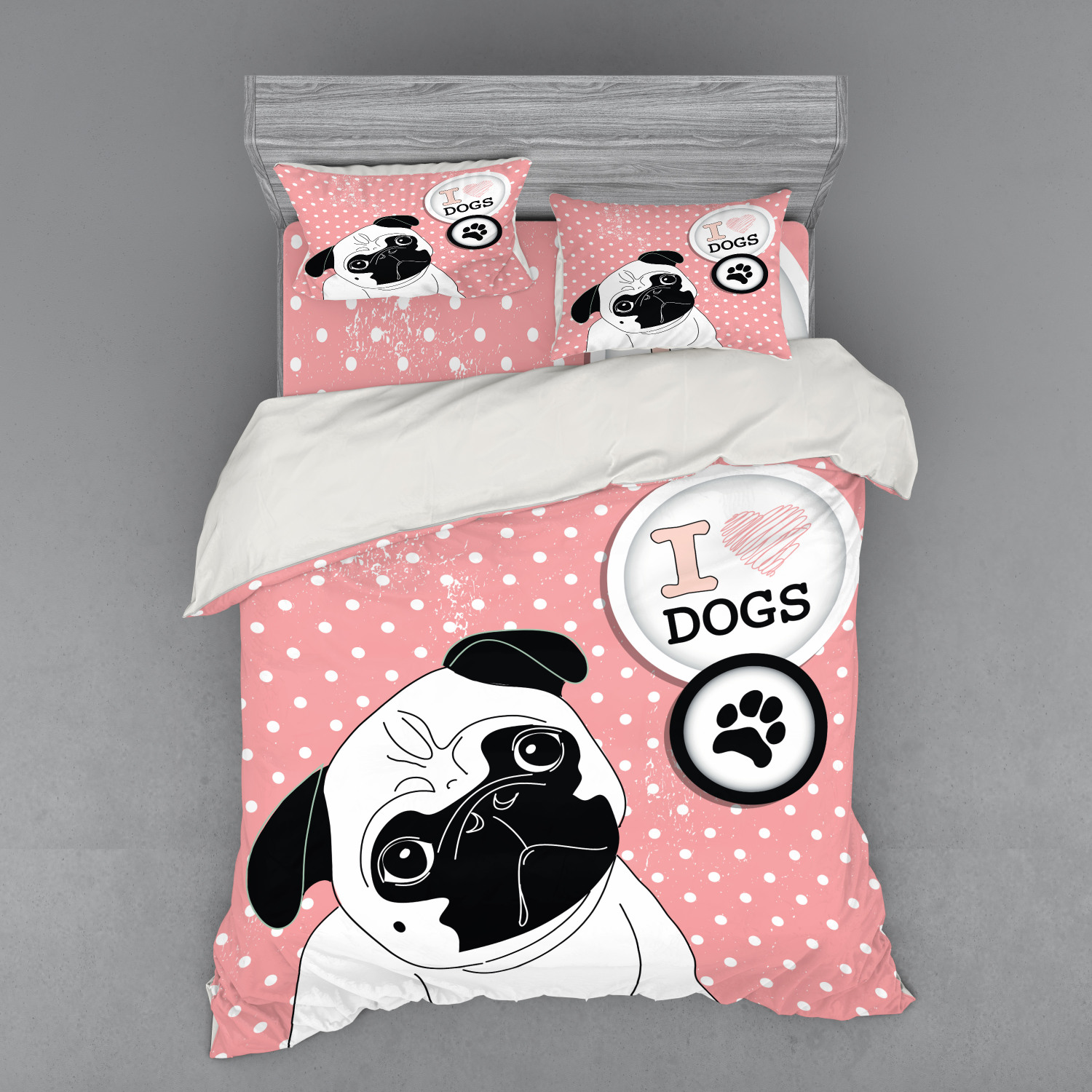 Pug Duvet Cover Set, I Love Dogs with a Paw Print Emblem Pug with ...