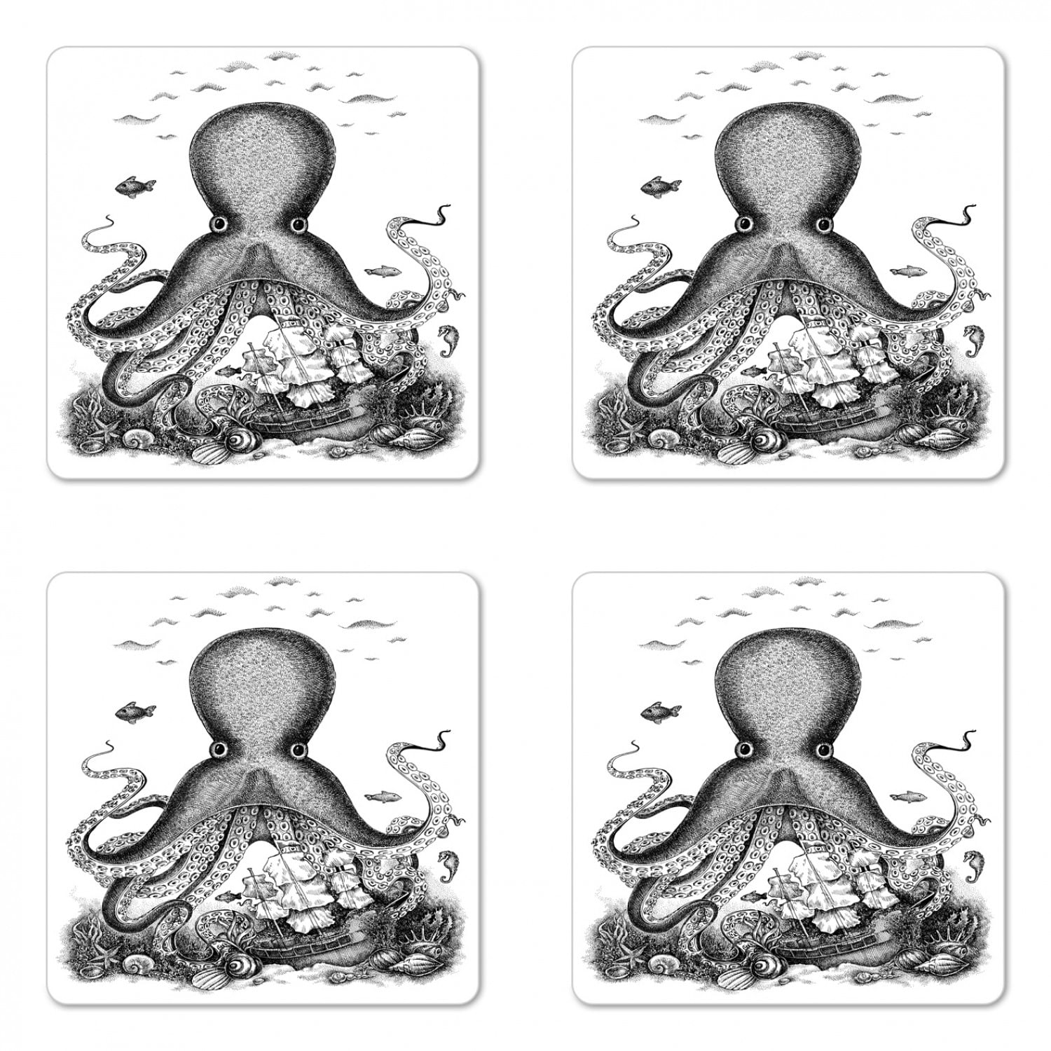 Octopus Coaster Set of 4, Monochrome Sketch of a Huge Sea Animal ...