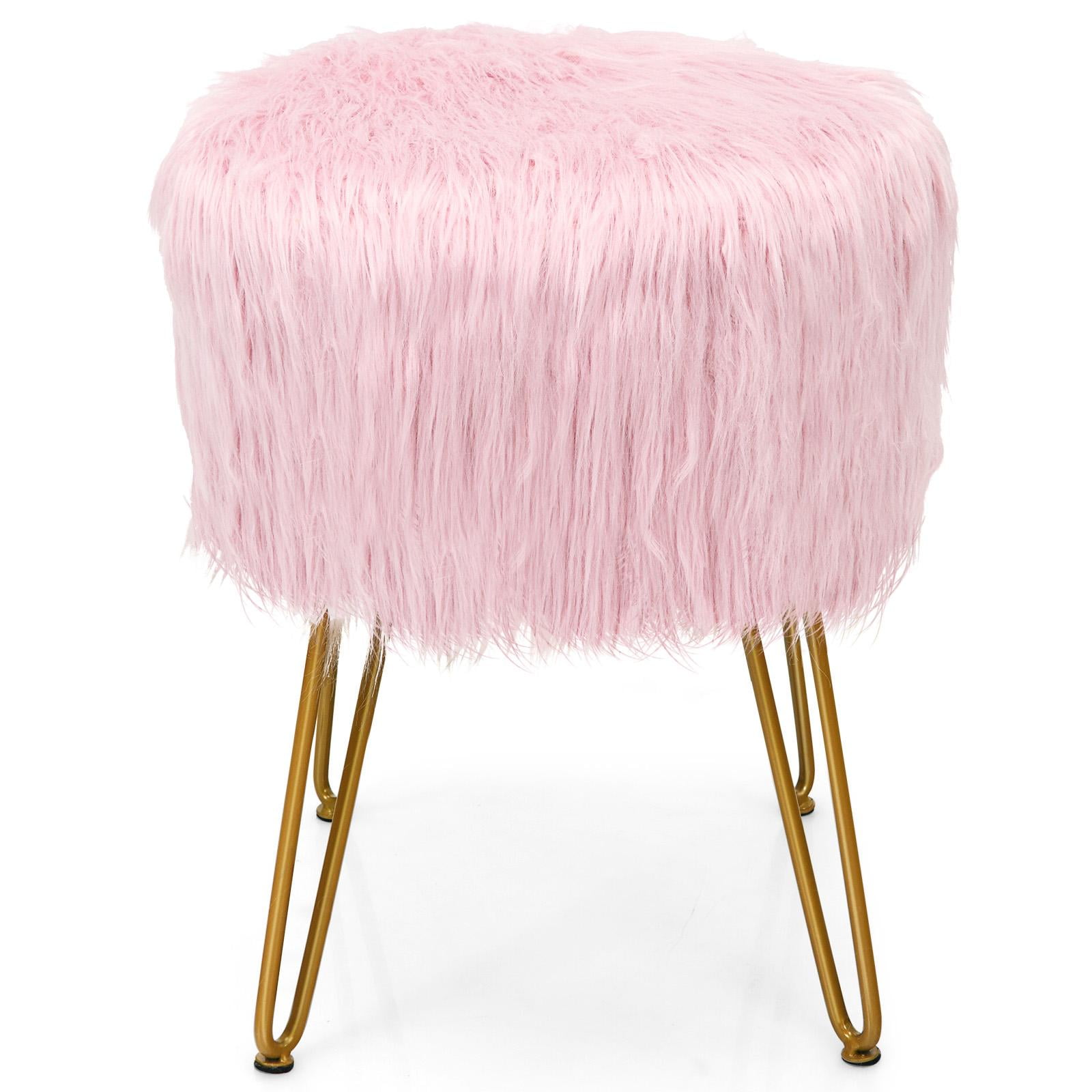 Giantex Faux Fur Vanity Stool Chair, Round Footstool Ottoman with Metal ...