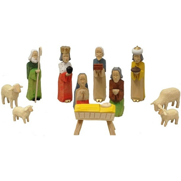 Colored German Carved Wood Christmas Nativity Scene Set of 11 Pieces ...