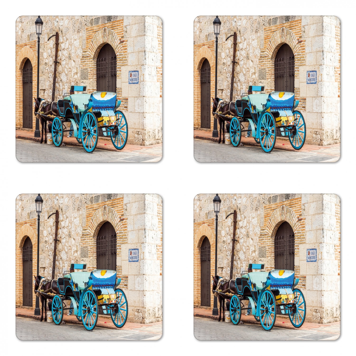 Colorful Coaster Set of 4, Retro Style Horse-drawn Carriage in Old ...