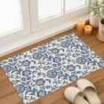 Blue Floral Door Mat Oriental Traditional Ethnic Flower Texture Linen ...