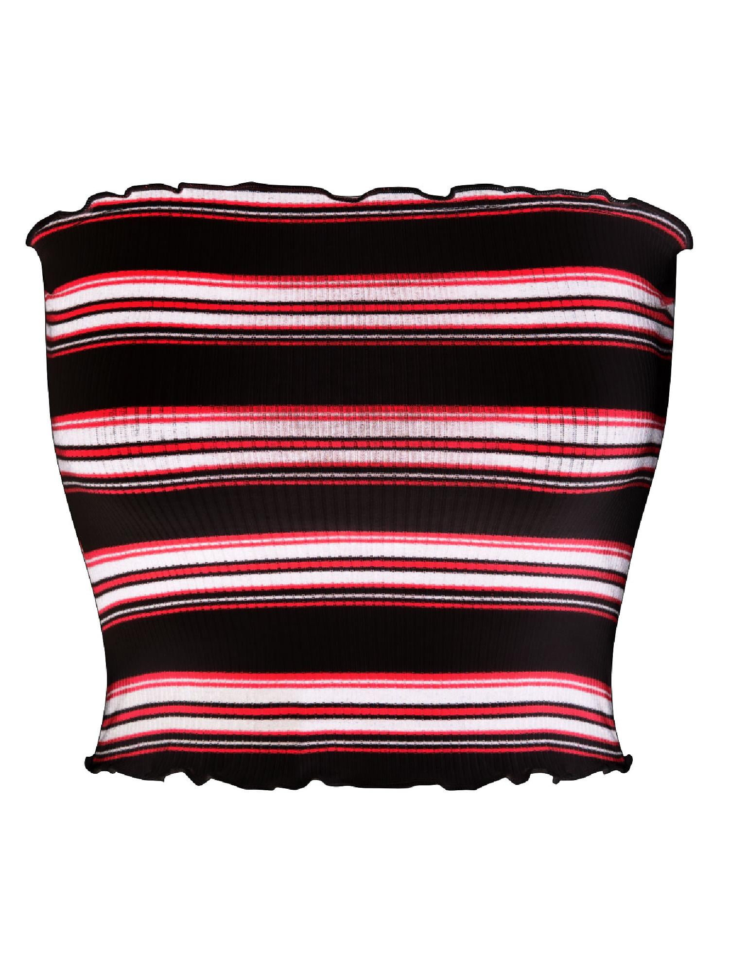 MixMatchy Women's Striped Print Ruffled Edge Ribbed Knit Crop Tube Top ...
