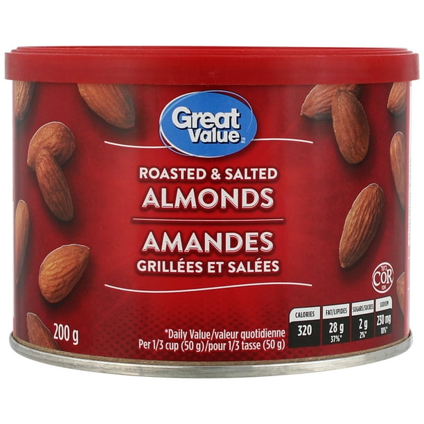 Great Value Roasted & Salted Almonds, 200 g - Walmart.ca
