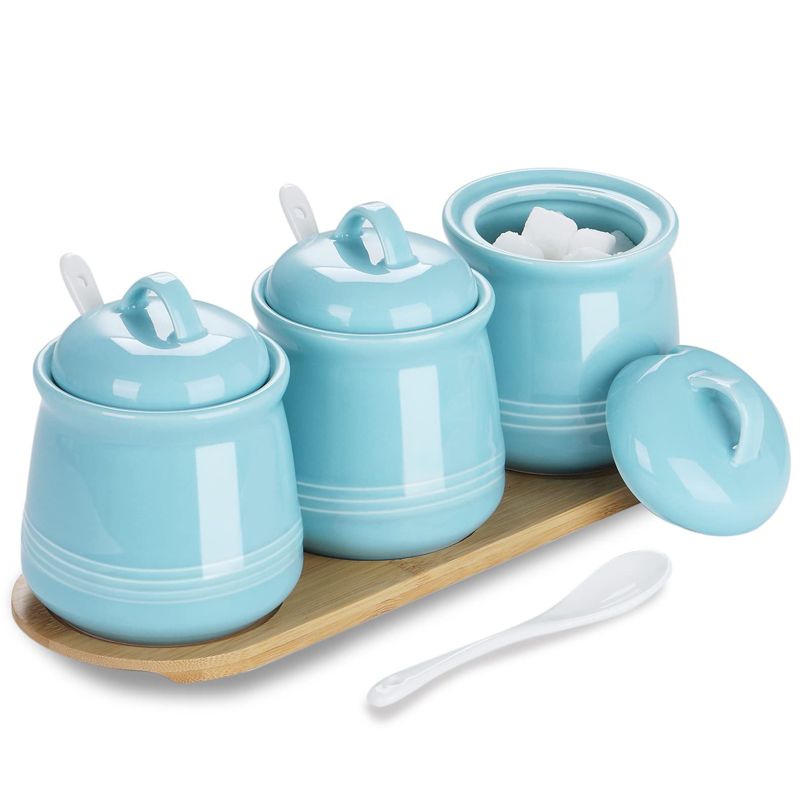 HAOTOP Porcelain Condiment Jar 3 Pack Set with Tray 12 Ounces,Turquoise ...