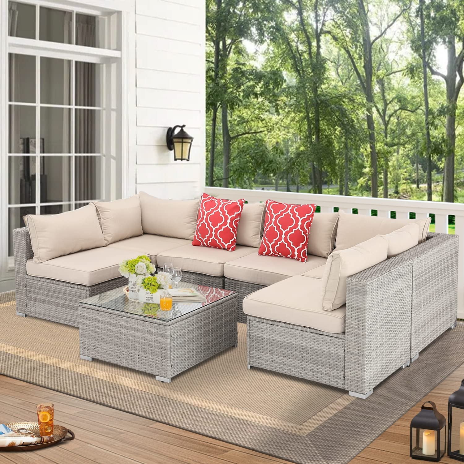 7 Pieces Outdoor Indoor Sectional Sofa Set Patio Furniture Set Rattan ...
