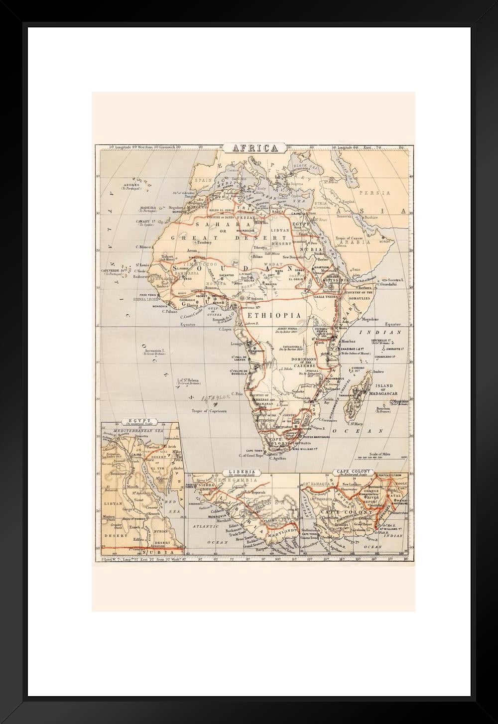 Africa Vintage Antique Style Travel World Map with Cities in Detail Map ...