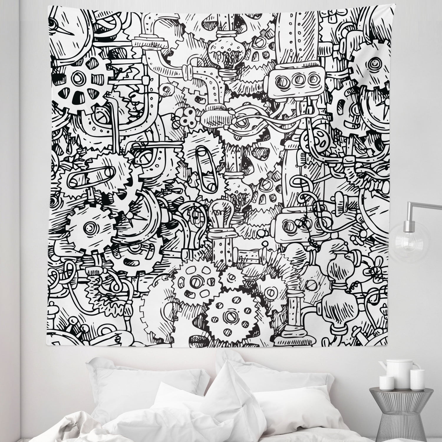 Steampunk Tapestry, Hand-Drawn Monochrome Doodle with Cluster of ...