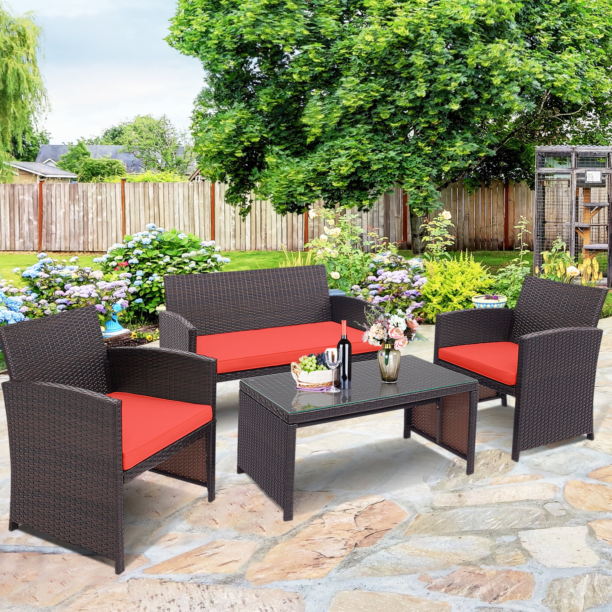 Click here for Gymax 4pcs Patio Conversation Set Outdoor Rattan F... prices
