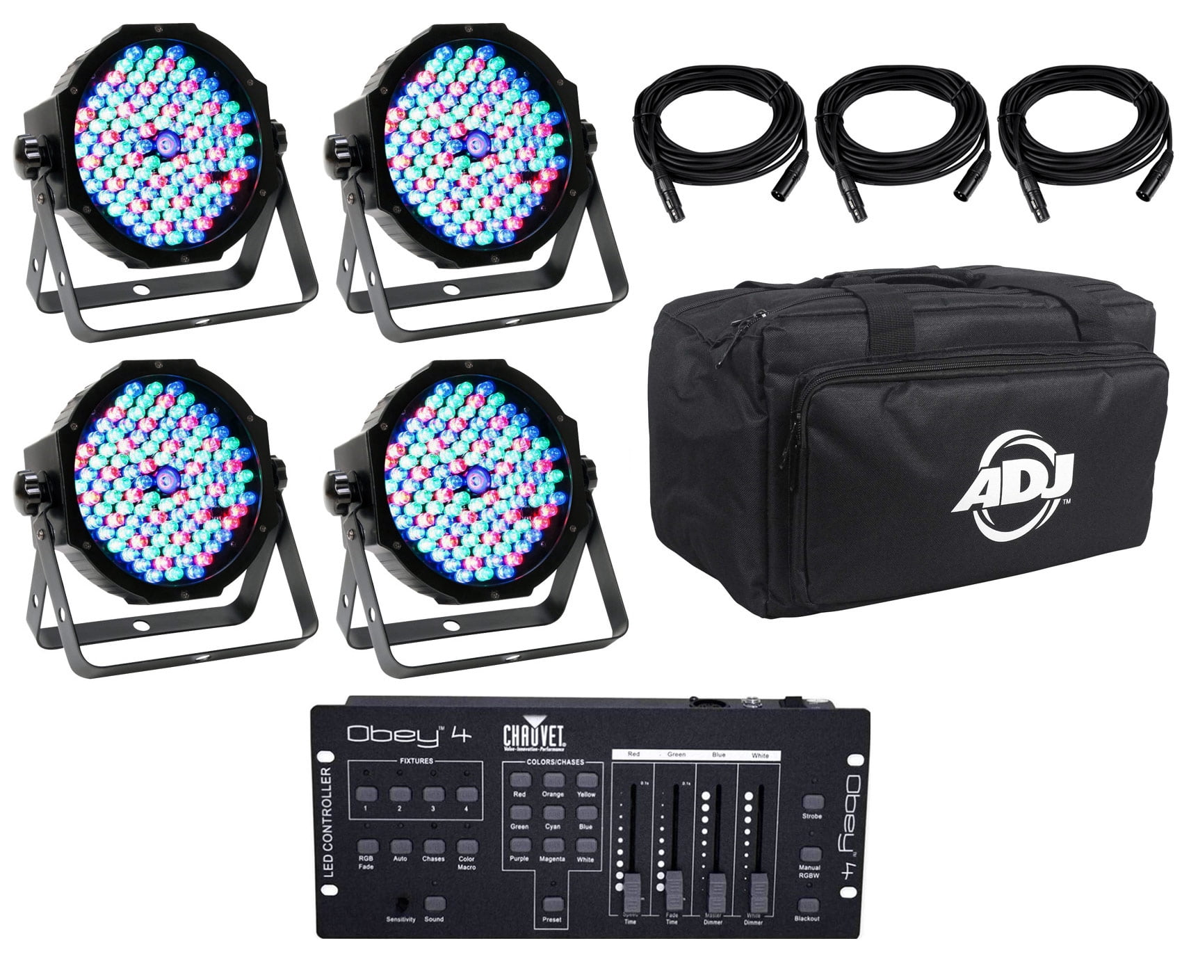 American DJ MEGA FLAT PAK 4x Mega Par Profile+3x6' DMX Cables+Bag+DMX ...