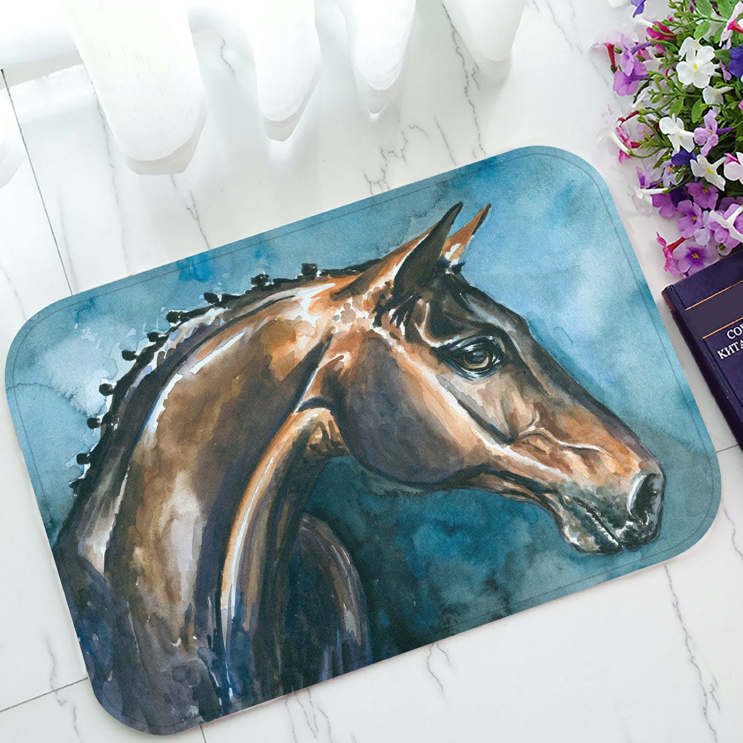 PHFZK Animal Doormat, Watercolor Portrait of Brown Horse Doormat ...